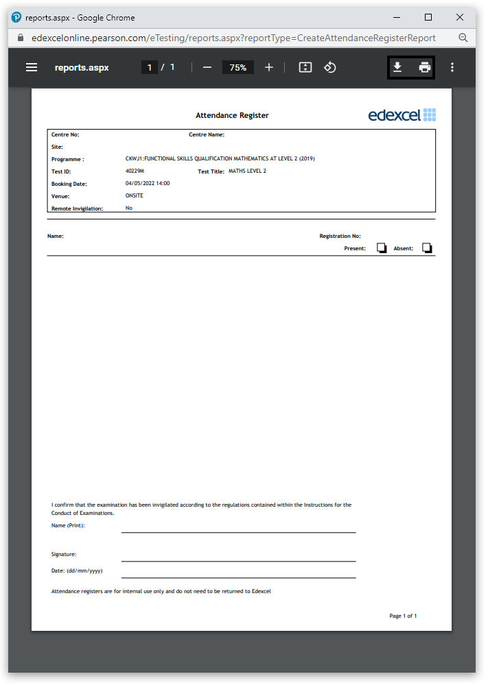 Onscreen Testing: Attendance Registers