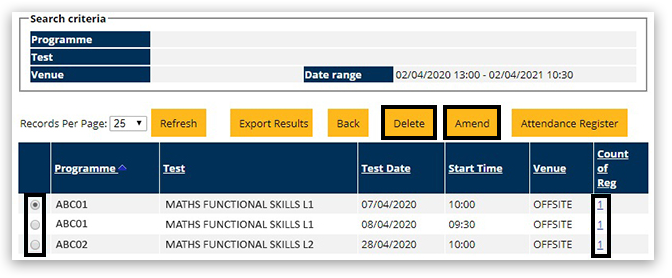 Onscreen Testing: Amending/Deleting Onscreen Tests