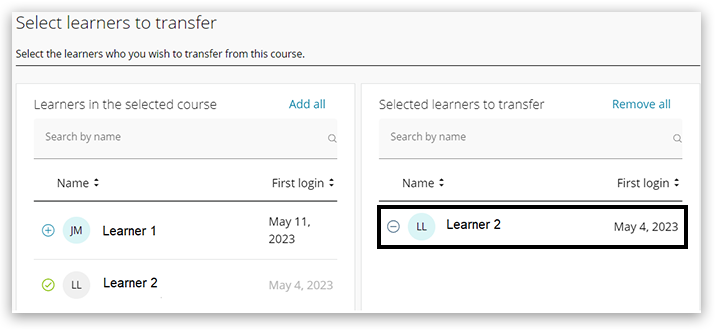 Pearson Progress: Transfer learners from one course to another
