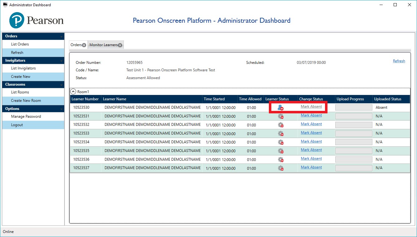 Edexcel Online: Onscreen Testing: Marking A Candidate Absent (Classroom ...